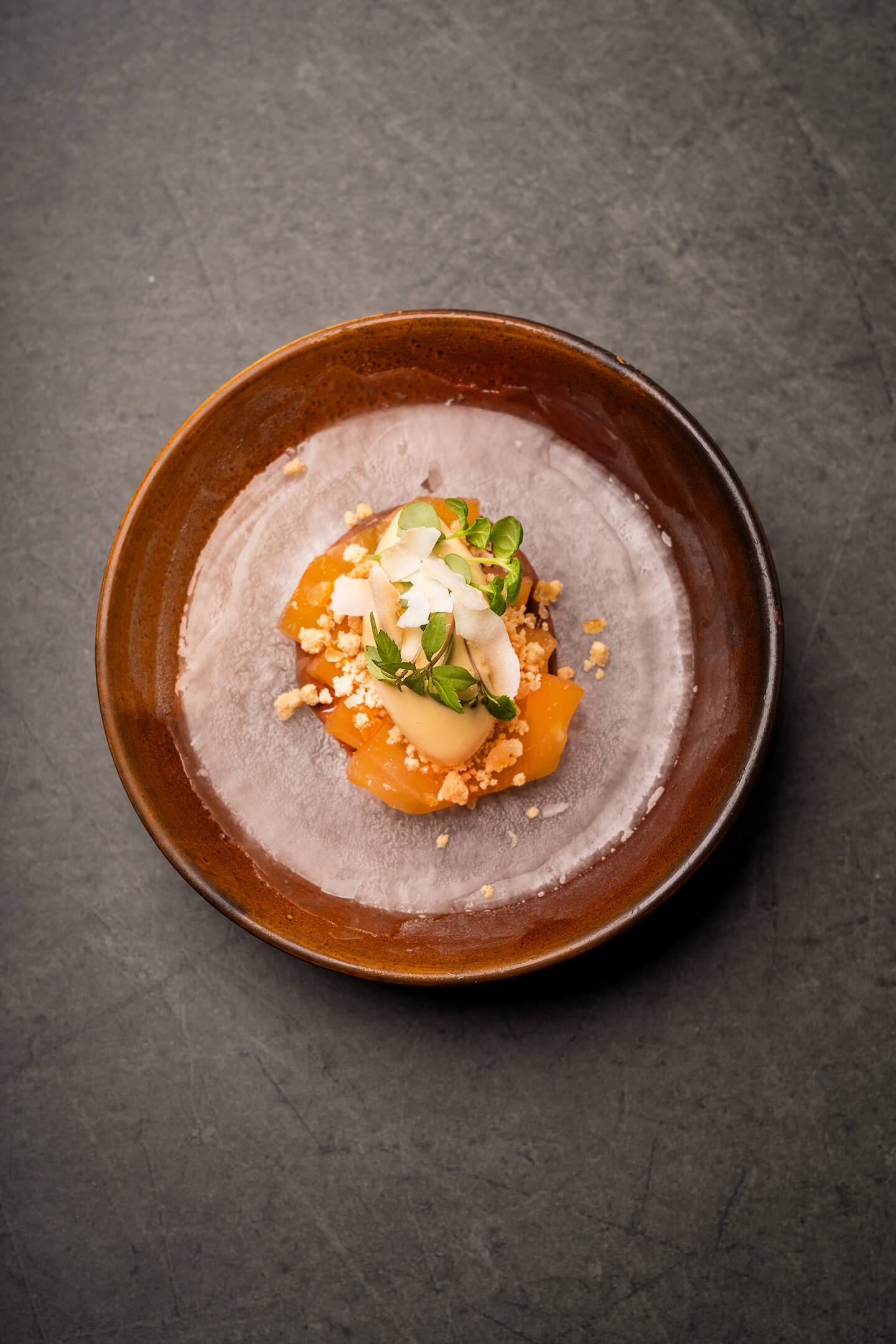 Banana caramel with passion fruit and poached pineapple
