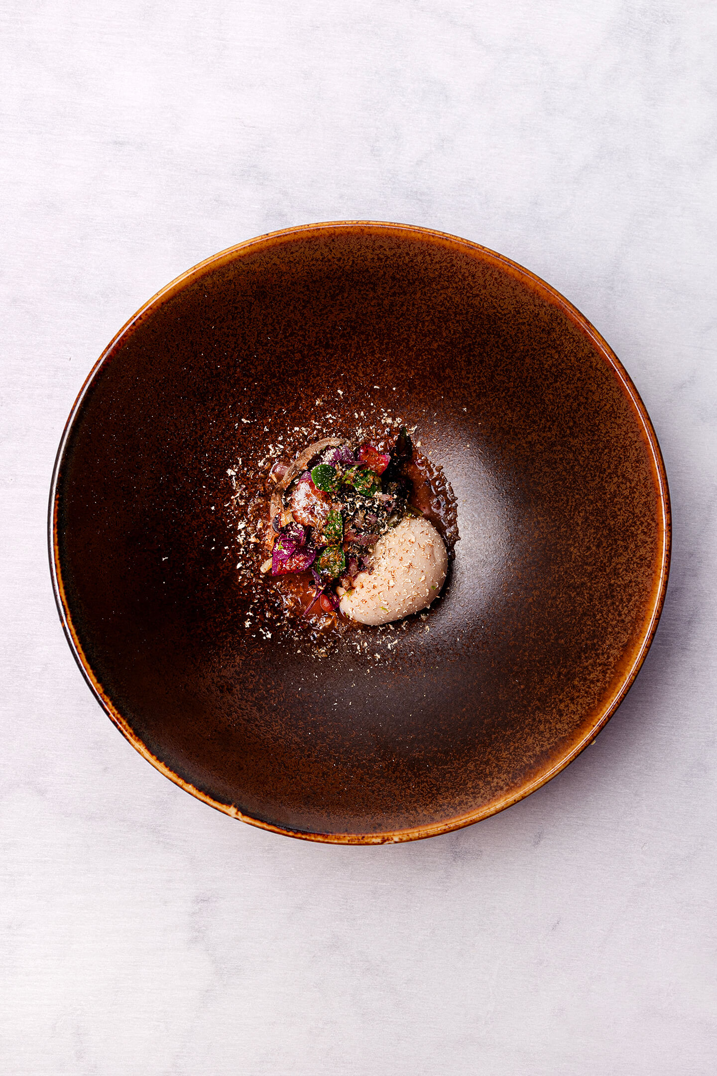 Porcini mushroom mousse with purple Shiso vinaigrette, pickled kombu ...